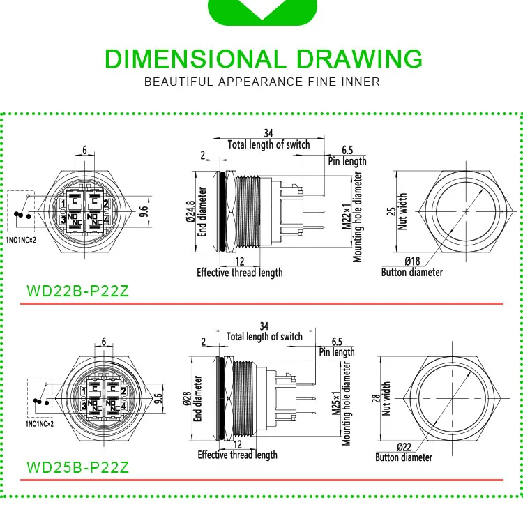 12mm to 30mm Waterproof IP67 Metal Push Buttons - Momentary Latching ...