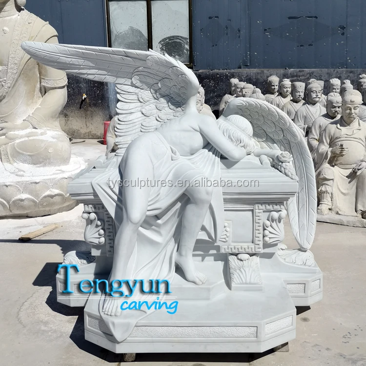 Life Size White Marble Stone Kneeling Decorative Angel Statue Cemetery ...