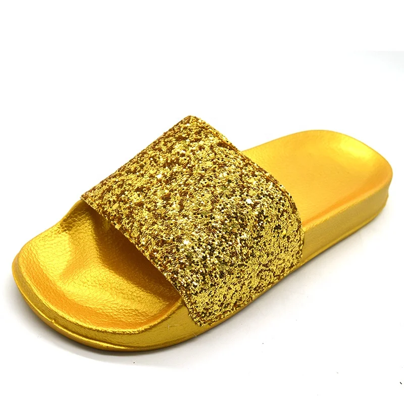 Glitter Upper Gold Black Slide Slipper Shoes Women Flat Sandals Custom ...