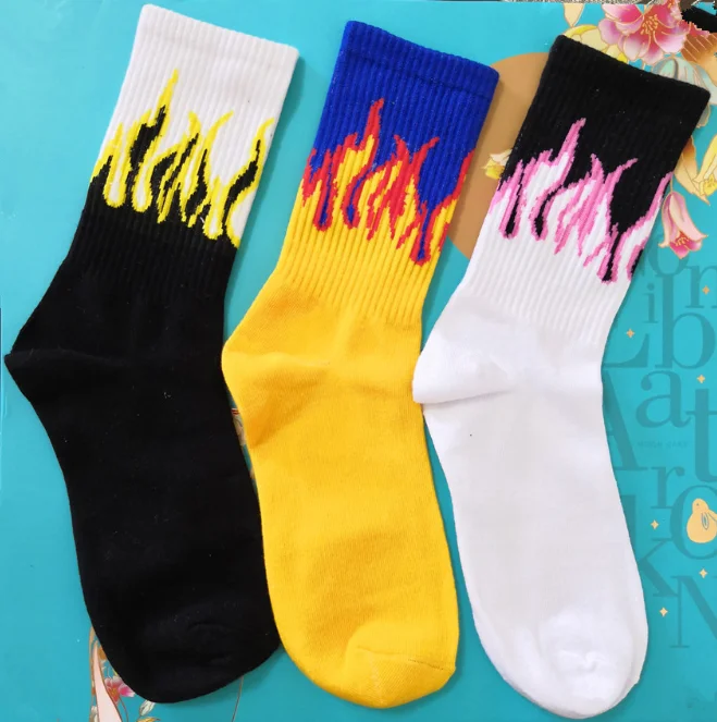 Men Fashion Hip Hop Hit Color On Fire Crew Socks Red Green Blue Flame ...
