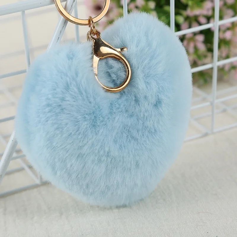 Cute Girl Fluffy Plush Keyring Furry Faux Fur Heart Pom Pom Fur ...