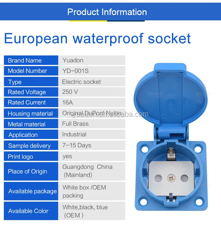 Yuadon YD-001S Euro IP44 Waterproof Socket - Reliable & Durable