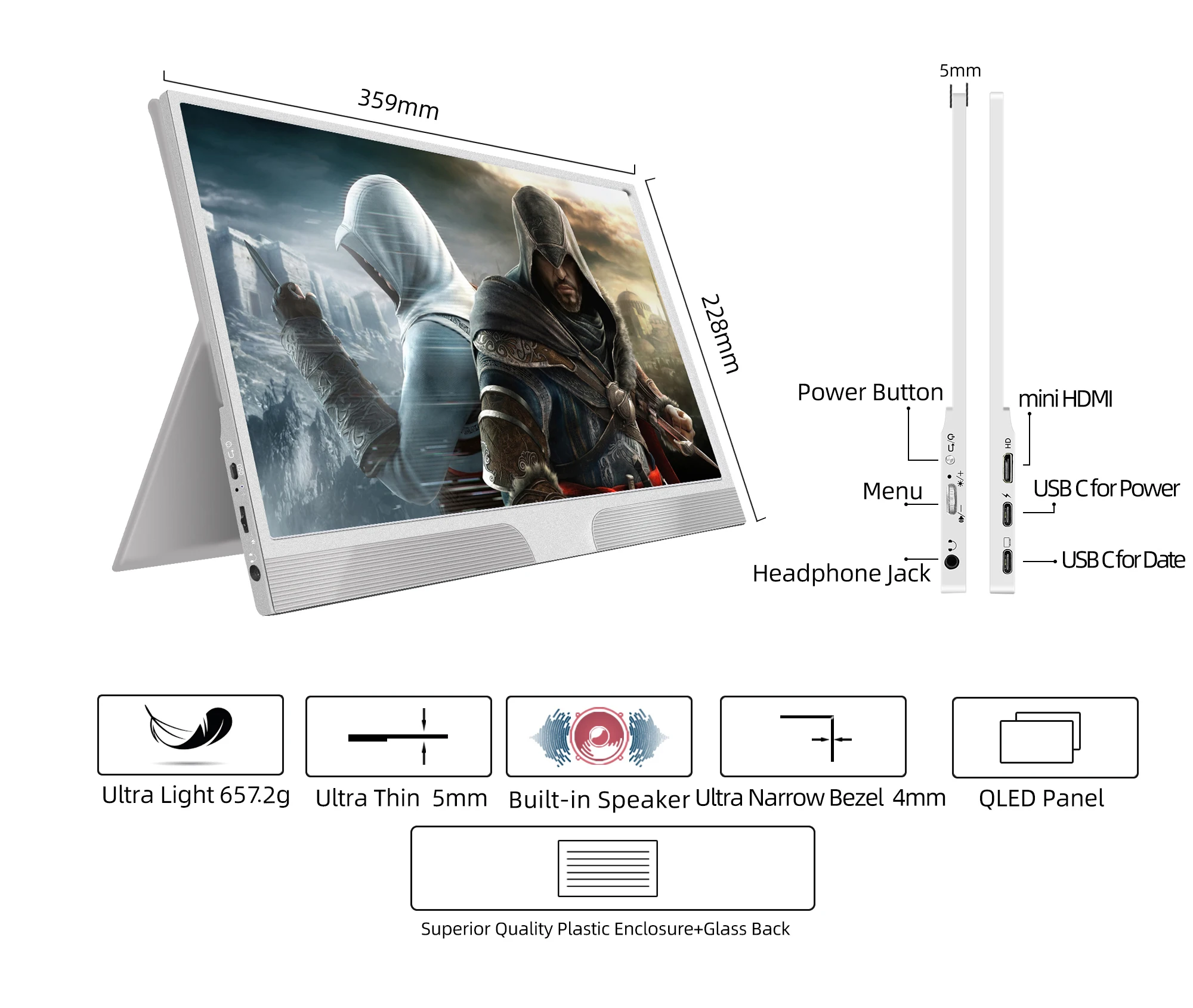 Qled Portable Pc Monitor 15.6 Inch 1080p Led Computer Display In White ...