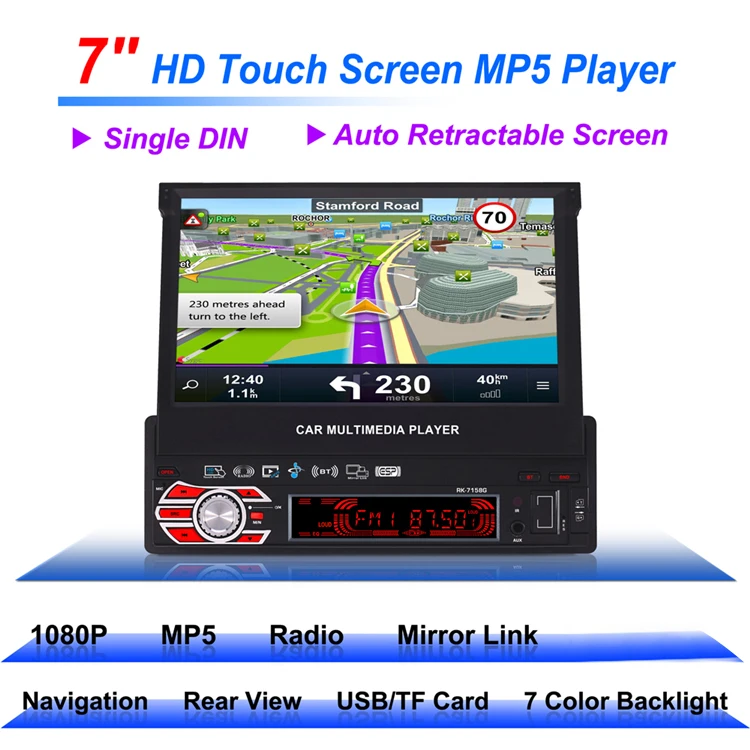 1 Din 7 Inch Car Stereo Mp5 Player With Gps System Retractable Touch Screen - Buy 1 Din Car Mp5 ...