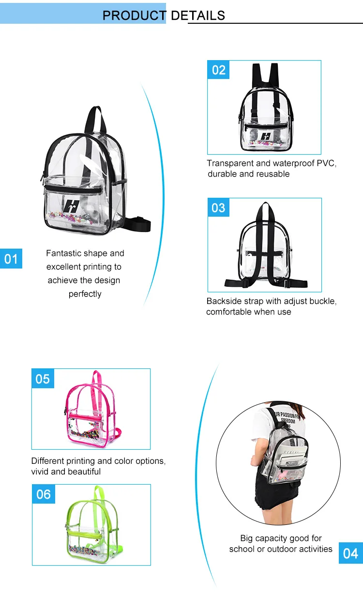 Kids Clear Backpack Custom Logo with Pocket PVC Transparent Backpack