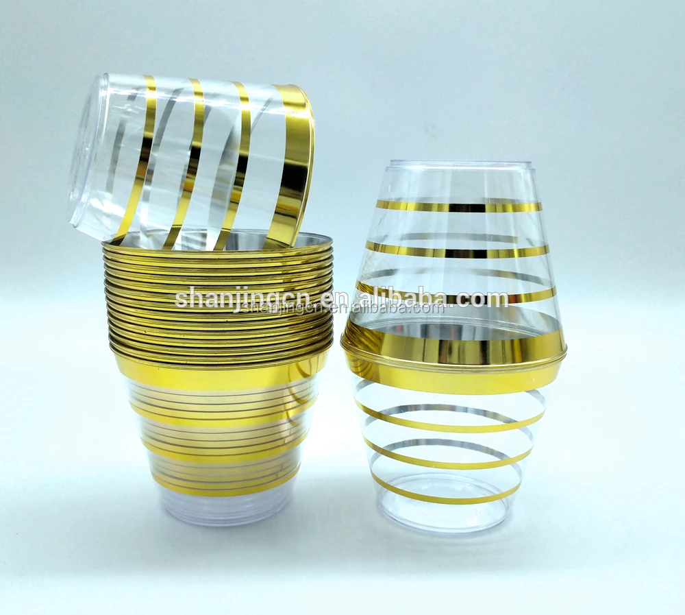 Customized Color 4 Lines Gold Rim Plastic Cups- 9oz Disposable Clear ...