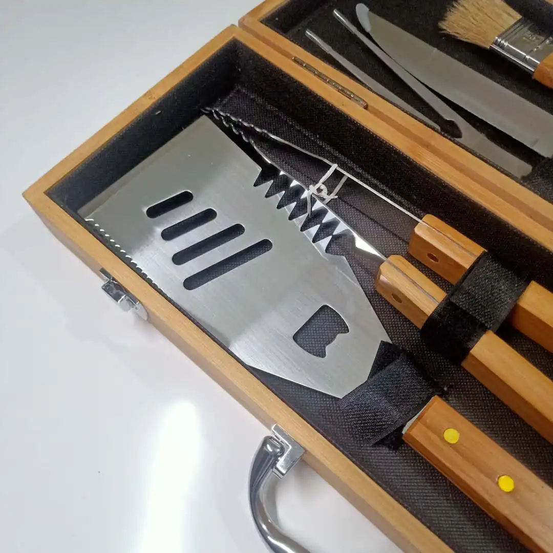 5 Pcs Bbq Grift Set Stainless Steel Wooden Bamboo Handle Barbecue Grill ...