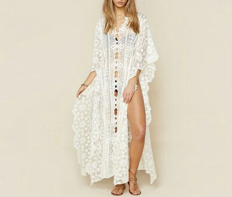 2020 Crochet White Knitted Beach Cover Up Dress Tunic Long Pareos