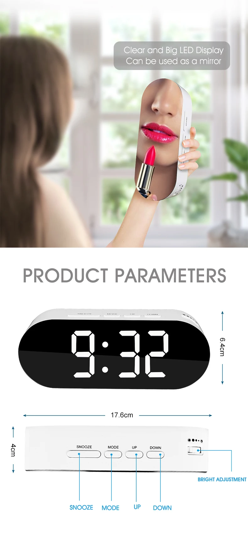 Oval LED Mirror Digital Clock with USB Port - Action Brand