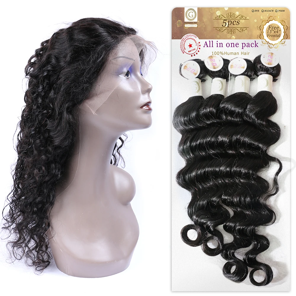 Packet Hair Loose Deep 100 % Human Hair 4 Bundles And One Free Frontal ...