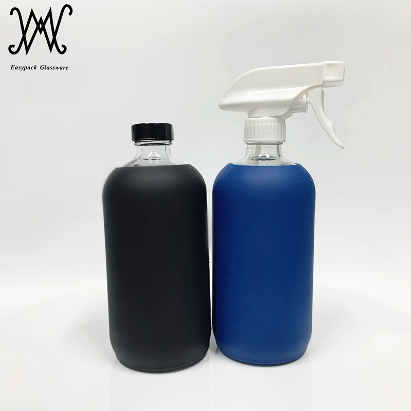 16oz Boston Round Spray Glass Bottle With Silicone Sleeve And Paper ...