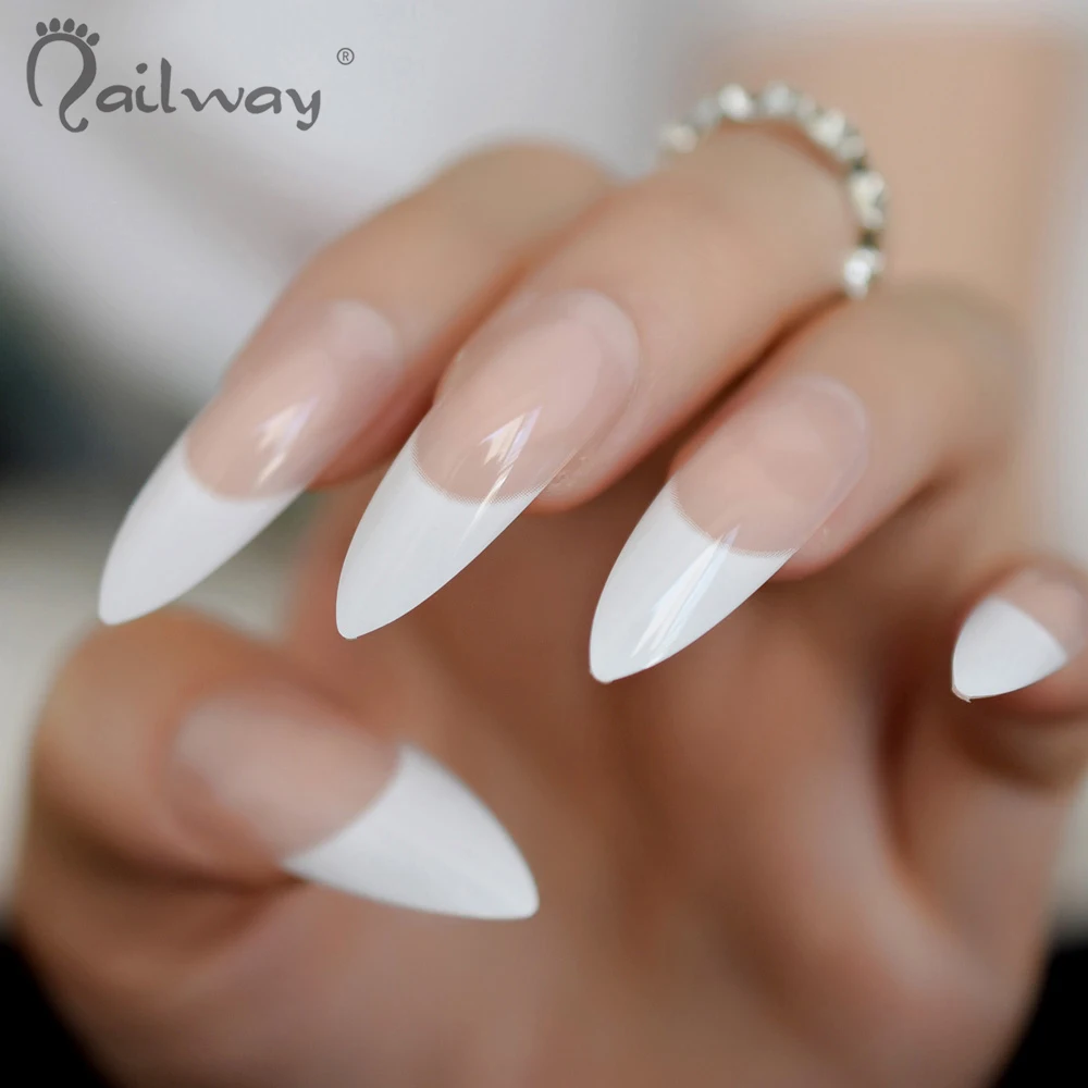 Extra Long French Fake Nail Natural Nude White Press On Stiletto Nails ...