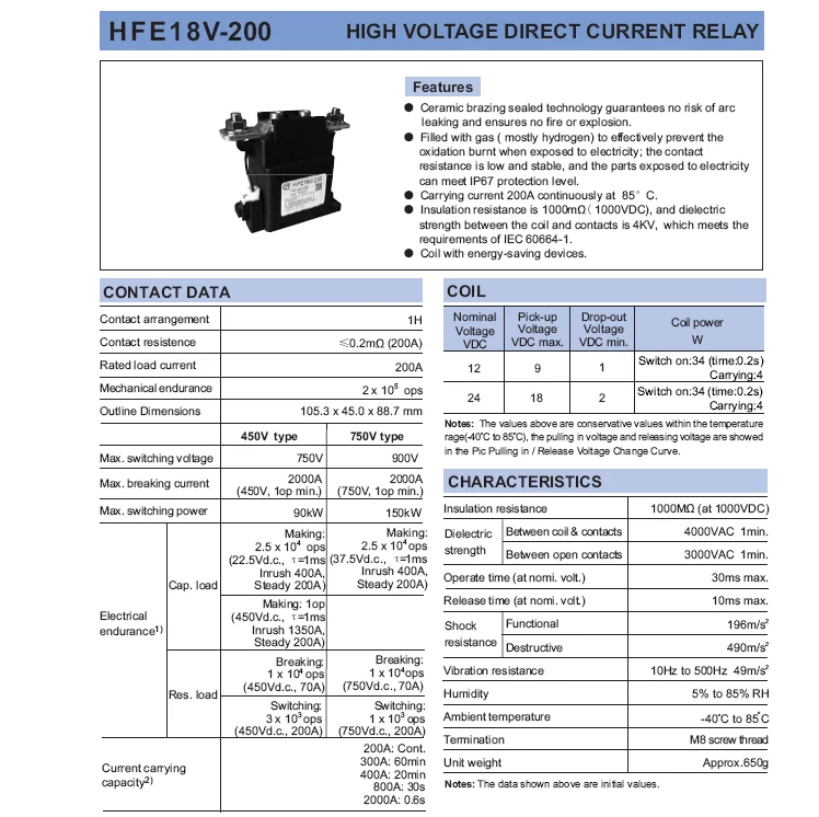 Hongfa HFE18V-200 750-12-HC6 High Voltage DC Relay 200A Contactor 12V ...