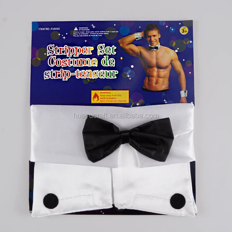 Hot Selling Men Accessories Stripper Set 1pc Bow Tie 1 Pair Wrist Straps For Men Party