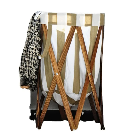 Natural Pine Wood Shelf With Bag Folding Canvas Laundry Basket With ...