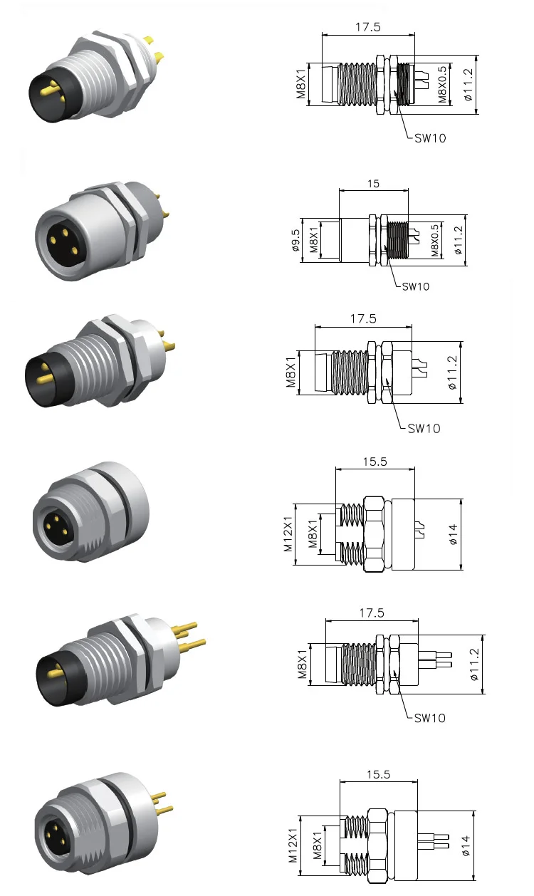 Circular Front Solder M8 Wiring Connector Ip68 6pin Male Panel M8 ...