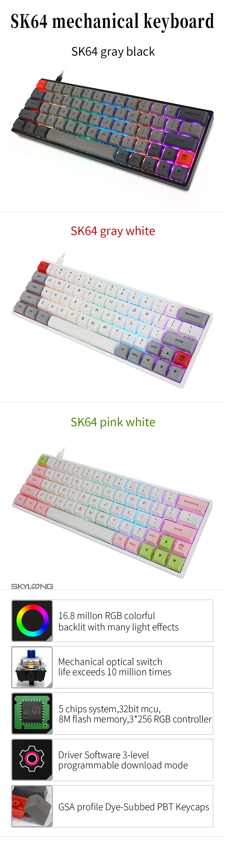 Newest SK64 RGB Backlit 60% water proof Mechanical optical keyboard ...