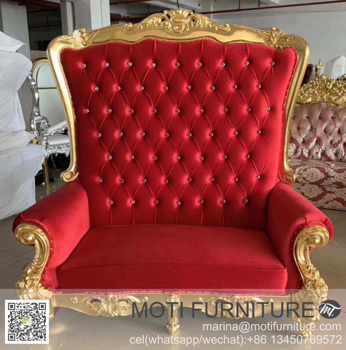 Carved Wood Frame White Chesterfield Synthetic Leather Throne Sofa ...
