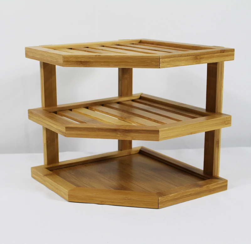 3 Tiers Bamboo Wood Conner Dish Drying Spice Storage Rack