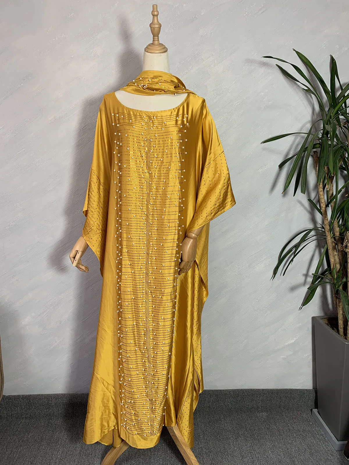 Good Quality Ironed Beaded Silk Long Dress Satin Round Neck Loose ...