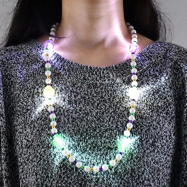 Mardi Gras Flashing LED Light up Bead Necklace in Colors Yellow Purple ...
