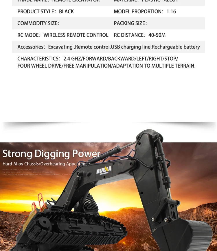 HUINA 1592 - 1:14 Scale RC Metal Excavator with Big Trucks
