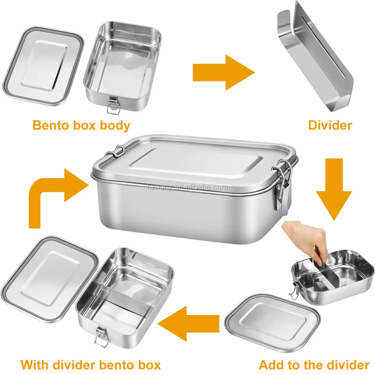 Stainless Steel 2 Compartments Bento Lunch Box with Lock Clips Design ...