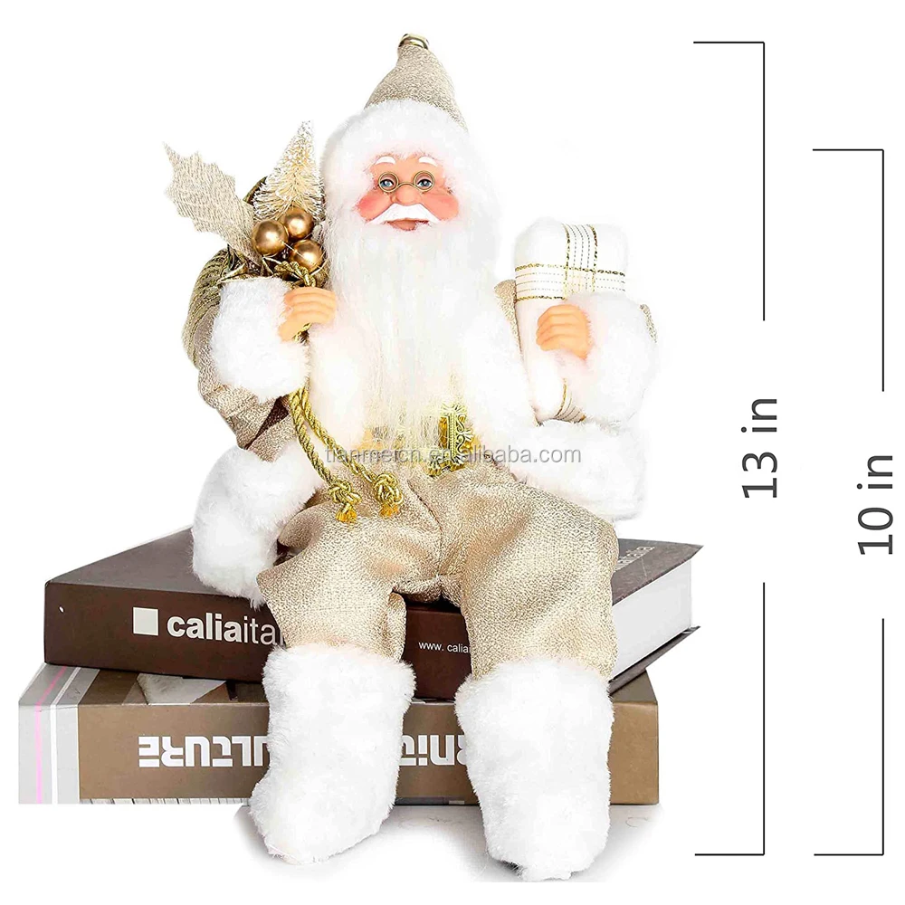 12inch Sitting Golden Santa Claus Figurine With Gift Bag Leaves And Box ...