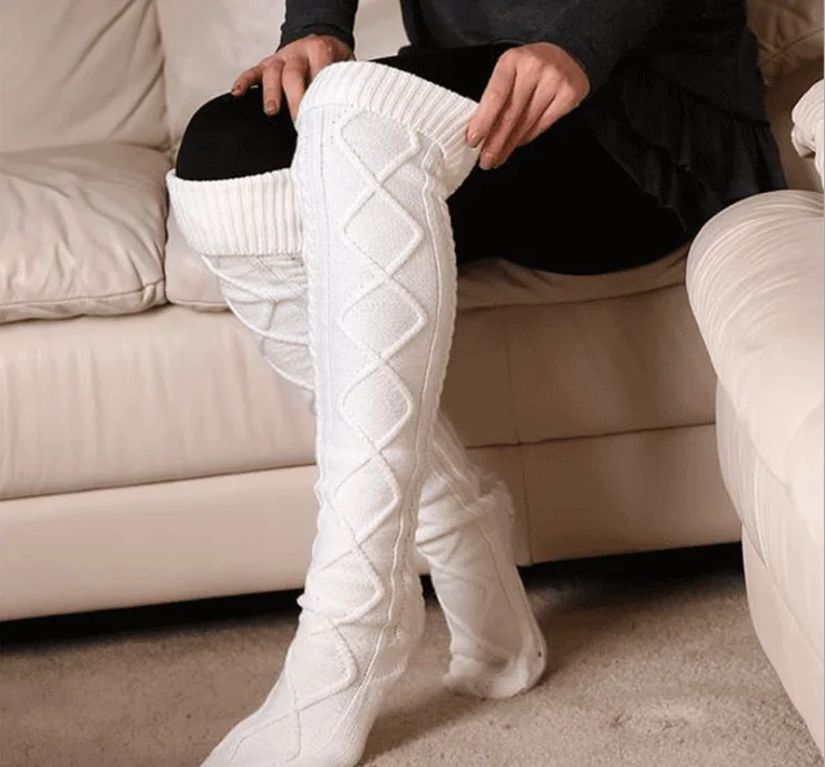 Womens Cable Knitted Extra Long Winter Stockings Over Knee Leg Warmers