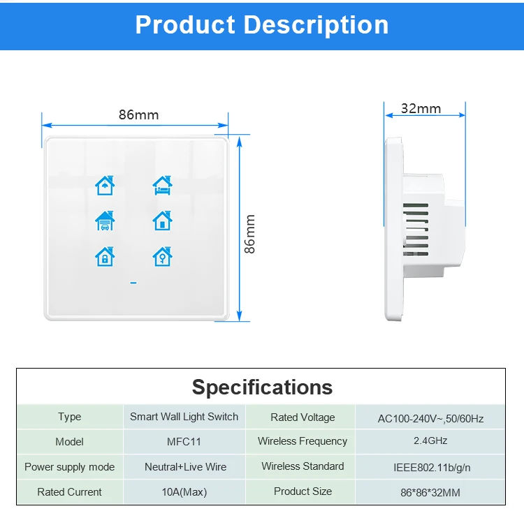 US Standard Wifi Devices Tuya Wall Switch 6 Gang EU UK