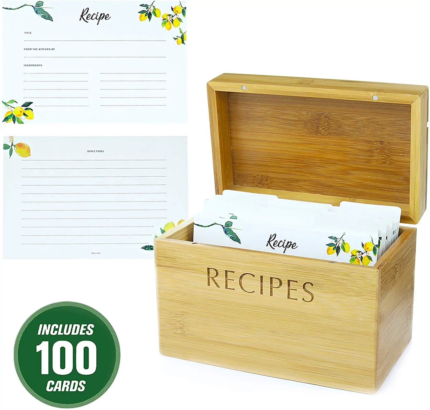 Eco-friendly Bamboo Recipe Card Box With Cards And Dividers - Buy ...