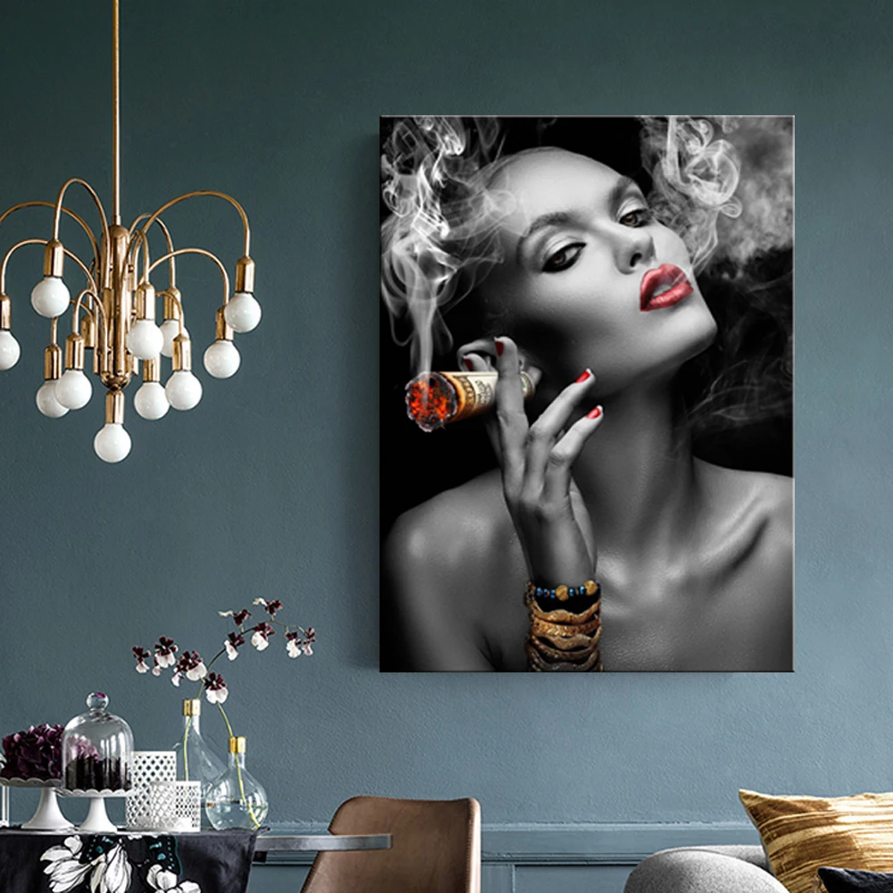Sexy Girl Poster - Modern Wall Art with Red Lips & Smoke