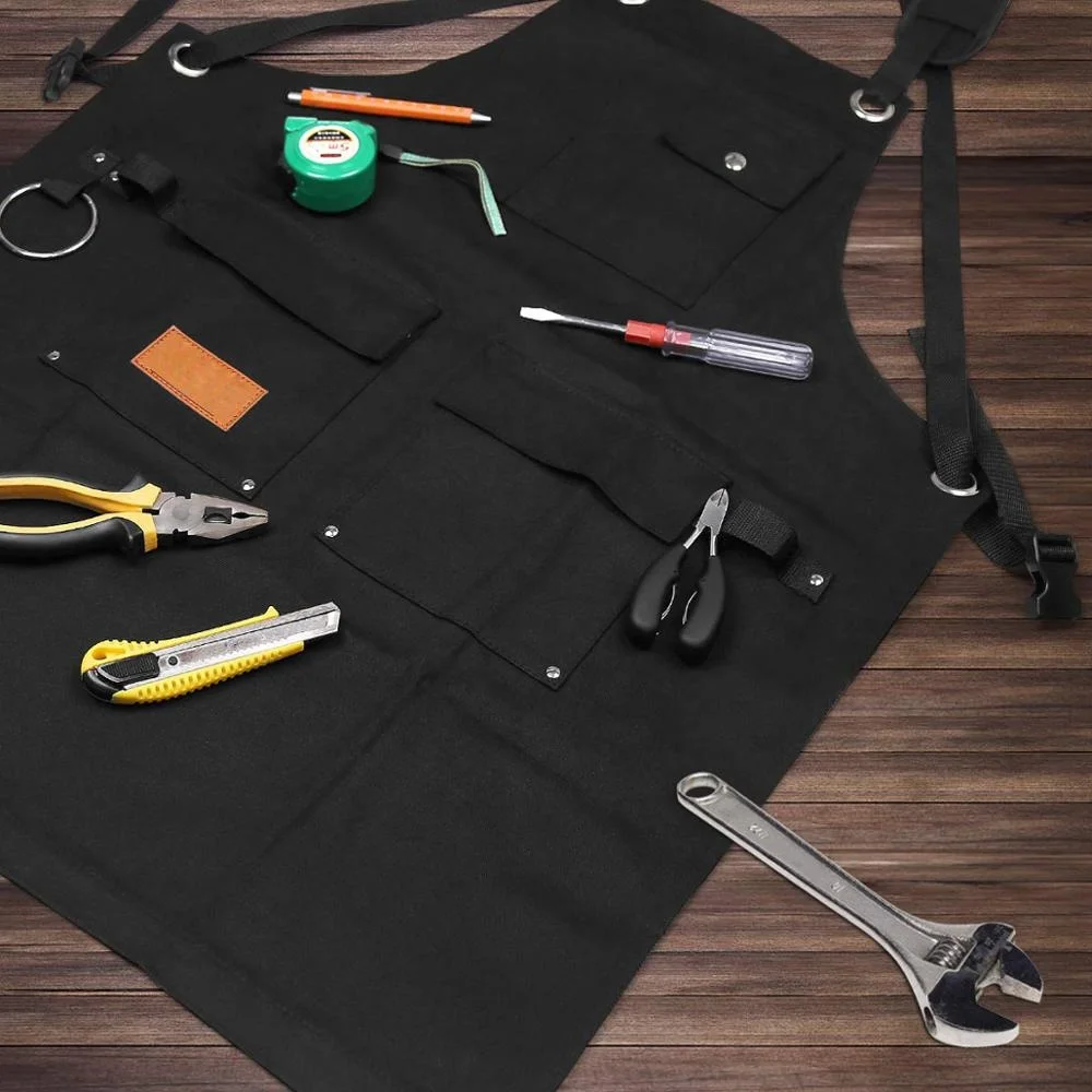 Heavy Duty Waxed Canvas Tool Aprons with 6 Pockets Thick Shoulder Pad ...