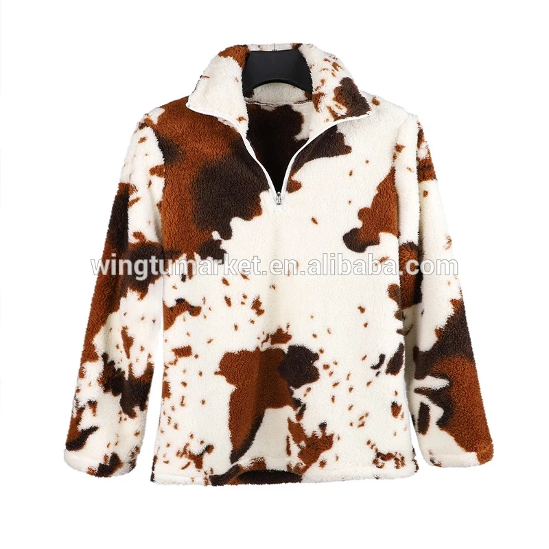 Custom Cow Printed Sherpa 1/4 Zip Pullover Oversize Fleece Lined Sherpa ...