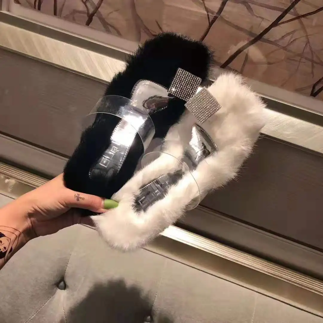 New Style Real Fur With Diamonds Womens Flat Slippers Ladies Low Heel ...