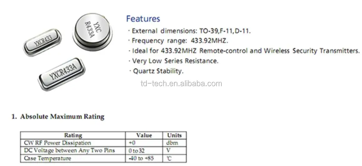 Taidacent Passive R433A TO39 75K 433.92MHZ RF Crystal Resonator