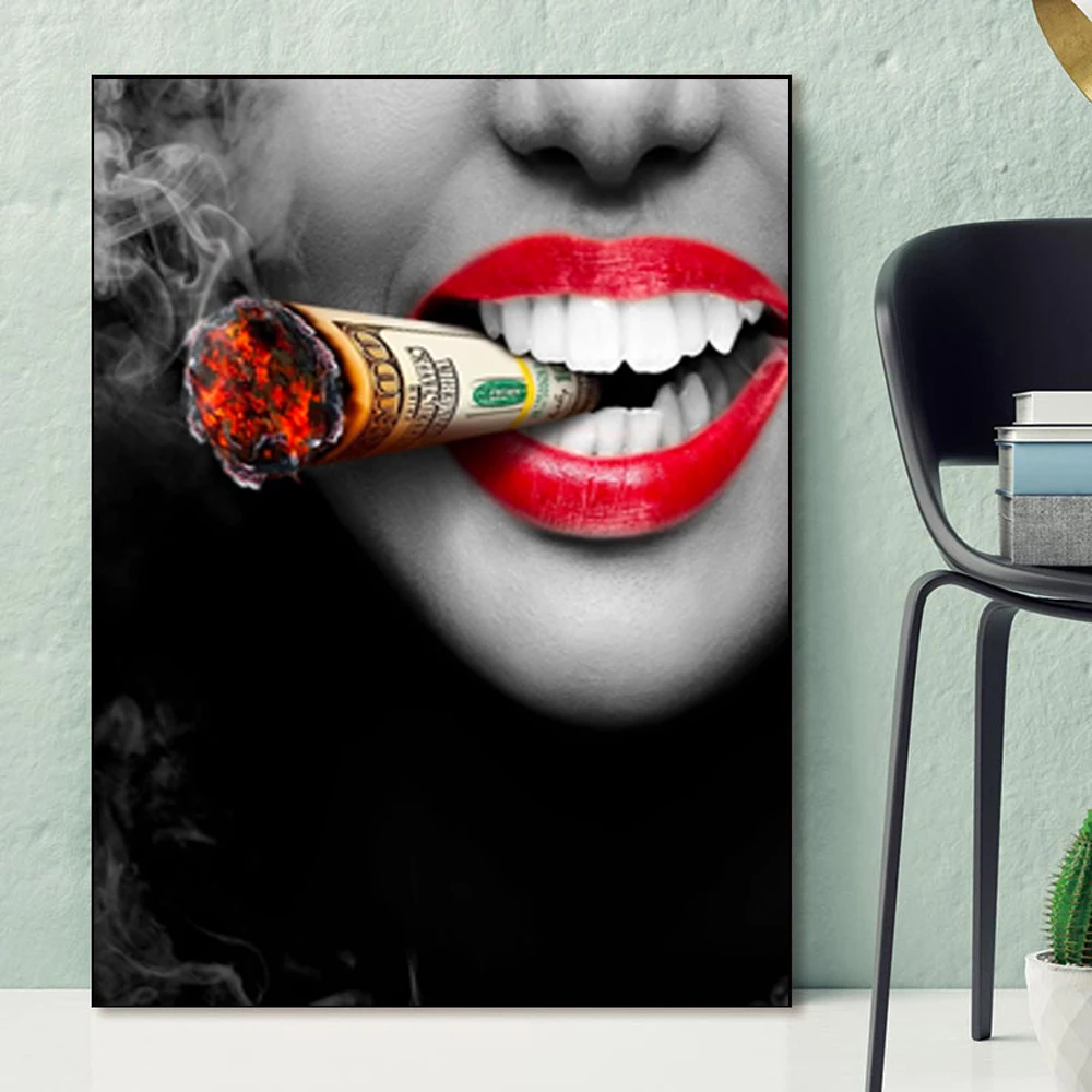 Sexy Girl Poster - Modern Wall Art with Red Lips & Smoke