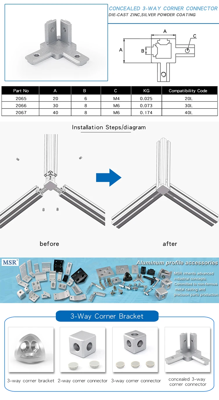 Die Cast Zinc L Type 3-way Corner Bracket For Industrial Aluminium ...