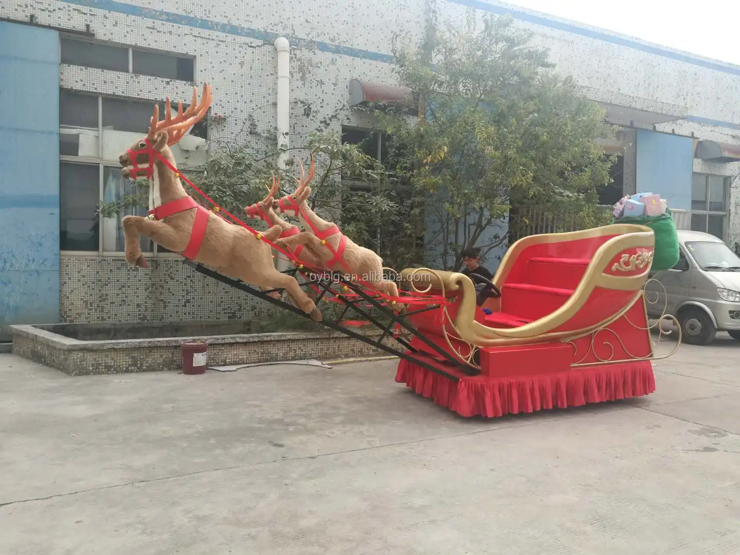 Reindeer and Sleigh with Wheels - Fiberglass Christmas Decor