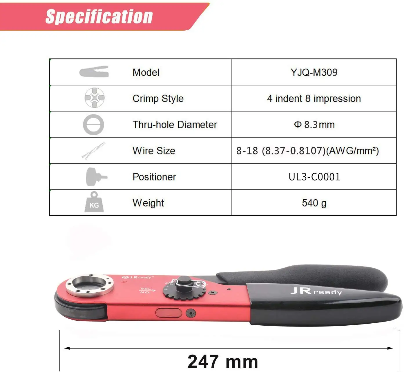 Jrready YJQ-M309 Wire Crimper - Precision for 8-18AWG