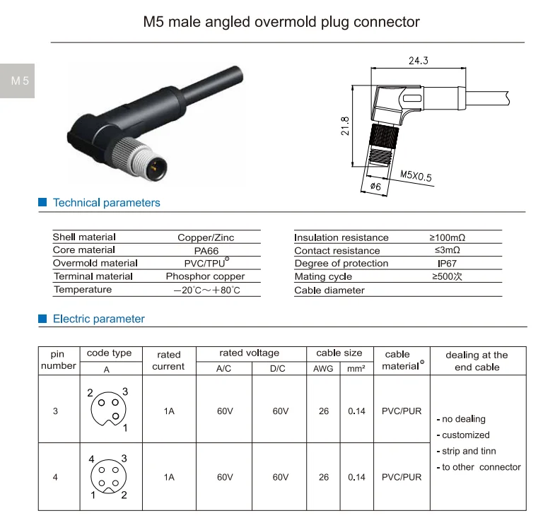 Circular Sensor M5 3poles Male Connector IP67 for Automation