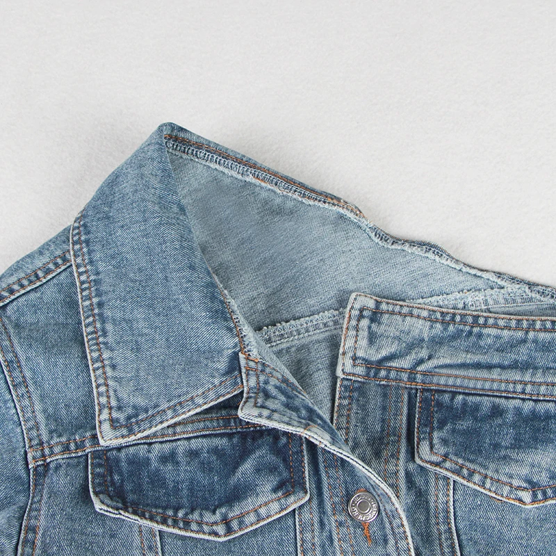 Casual One Shoulder Denim Jacket For Women Lapel Long Sleeve Button ...