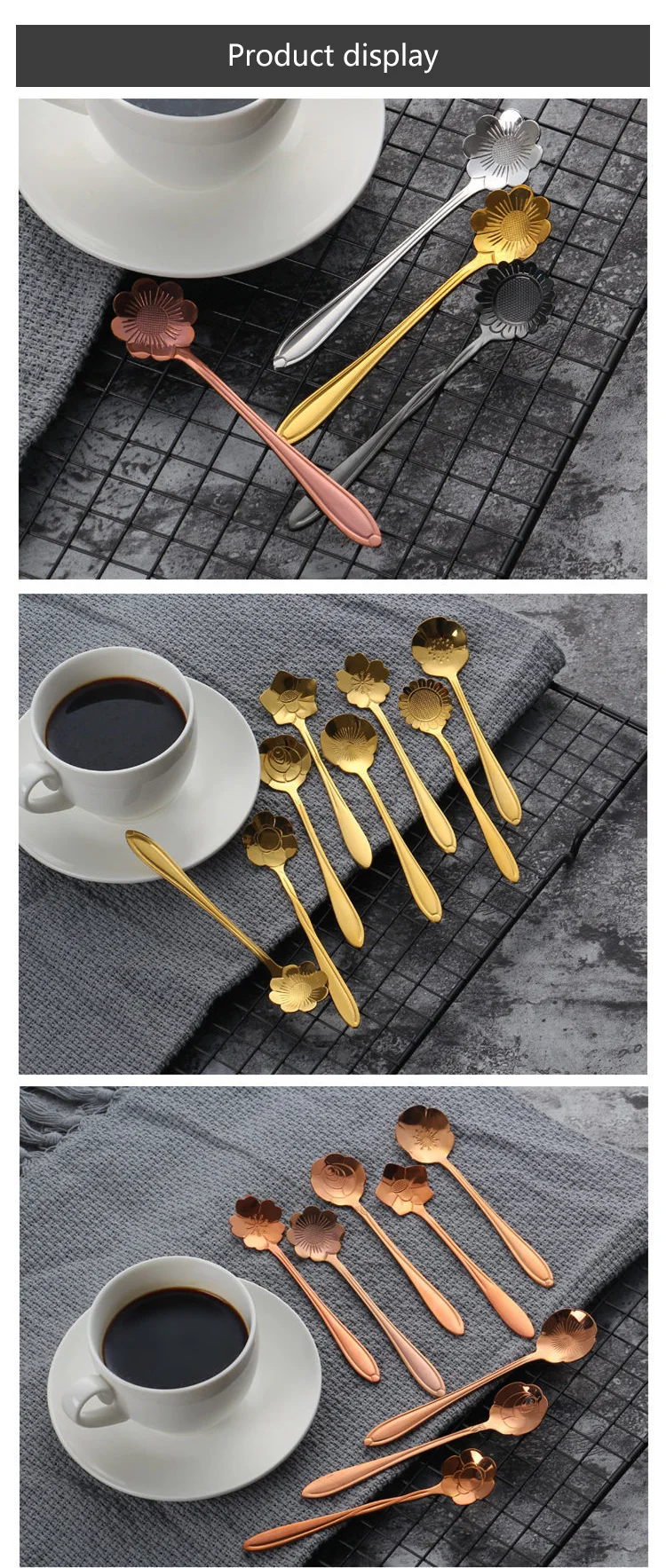 Stainless Steel Rose Gold Spoon Flower Shaped Dessert Coffee Spoon Ice ...