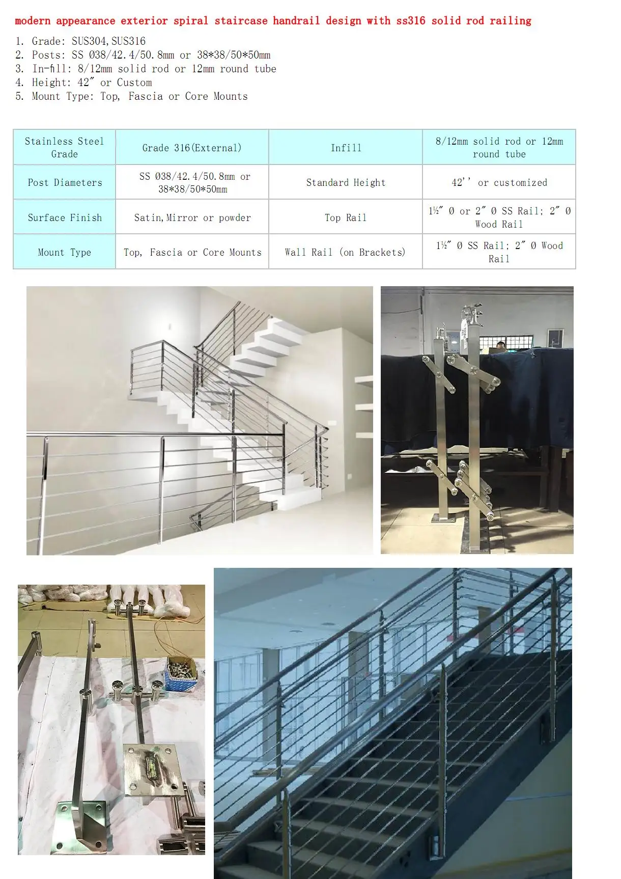 Stainless Steel Handrail Glass Railing U Channel Wall Mount And Floor ...
