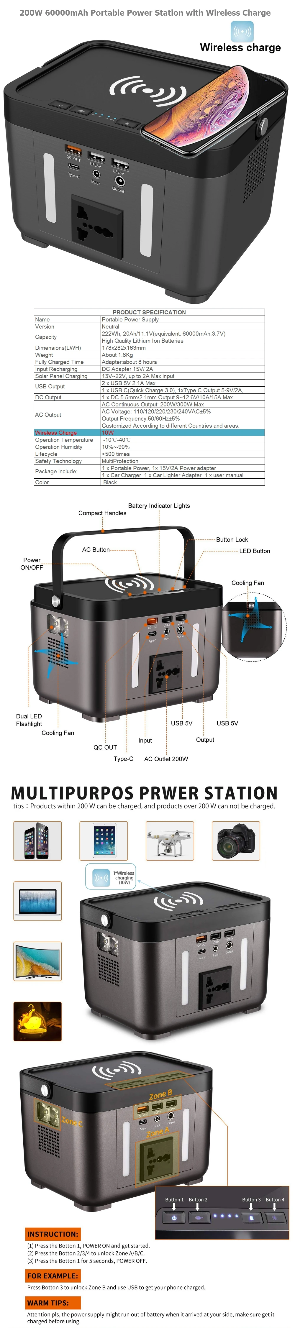 200w 60000mah Portable Power Bank Station Ac 110v 120v 220v 240v For ...