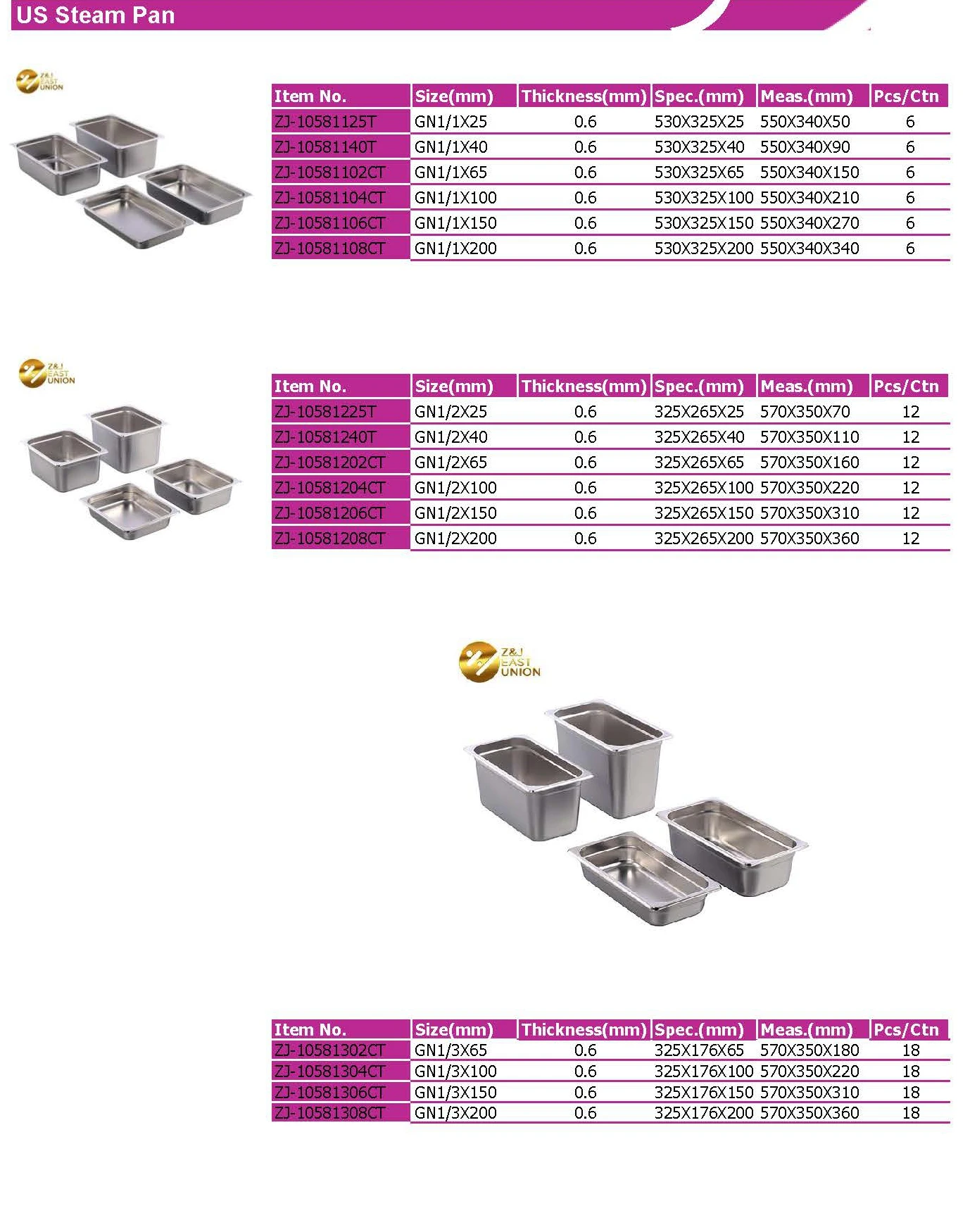 Stainless Steel GN1/3 US Steam Pans - Durable & Versatile