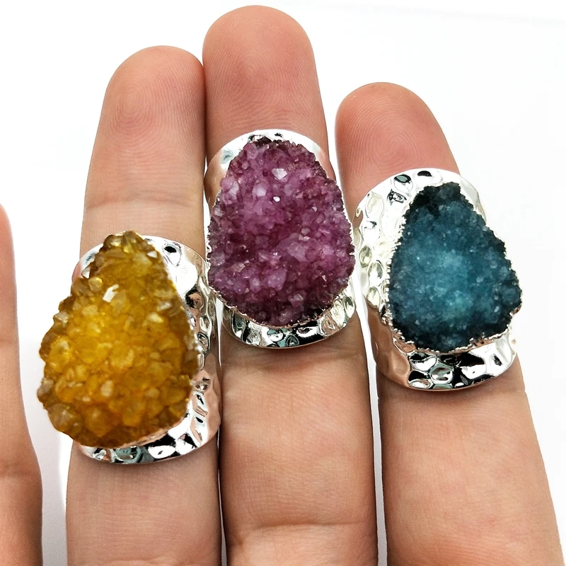 Wholesale Silver Plated Natural Agate Druzy Ring Multi Color Silver ...