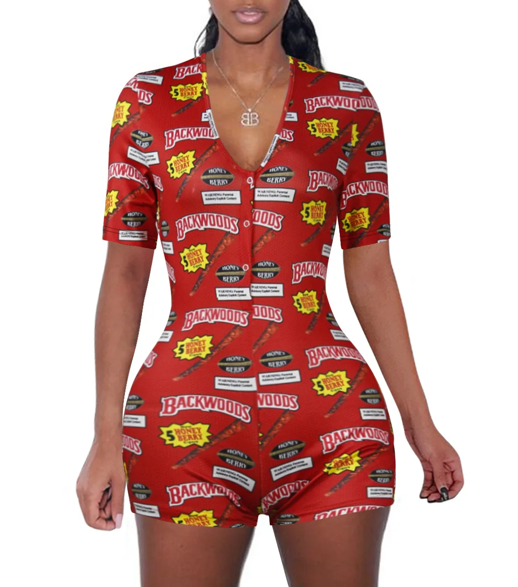Women V Neck Onesie Pajama Short Sleeve Bodycon Bodysuit Soft Romper