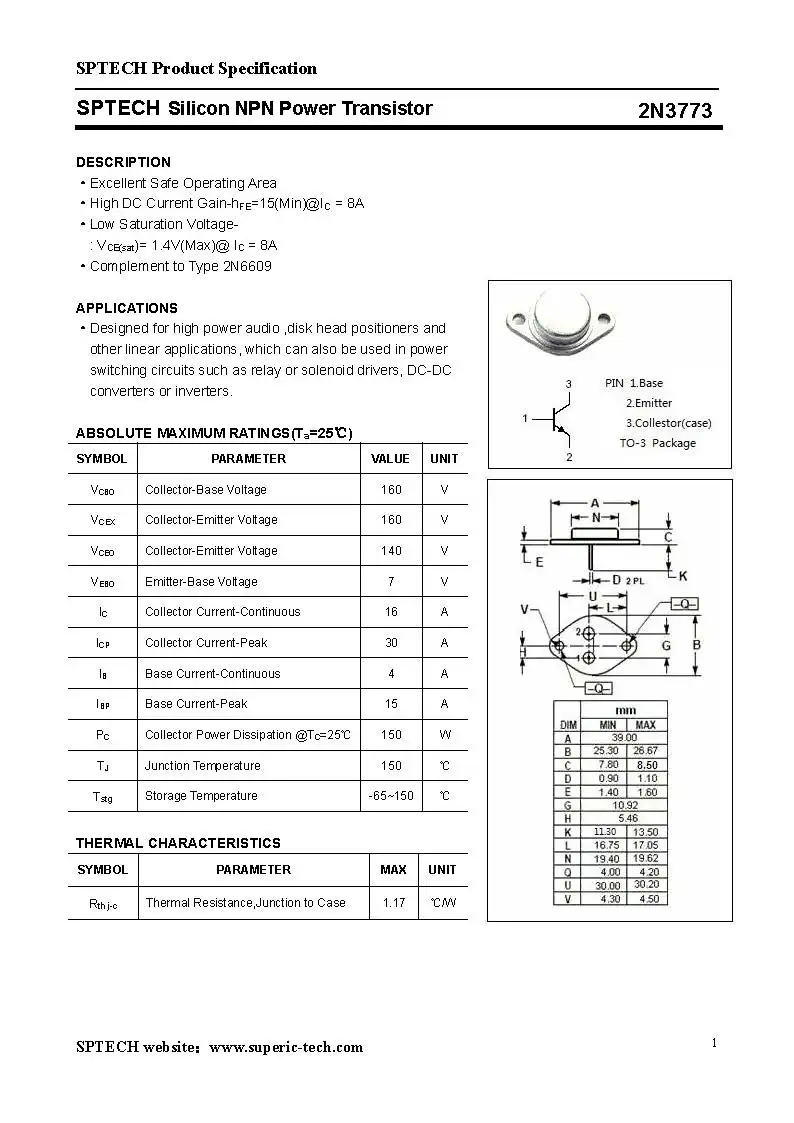 Sptech Silicon Npn Power Transistor 2n3773 For Automobile Igniter - Buy ...
