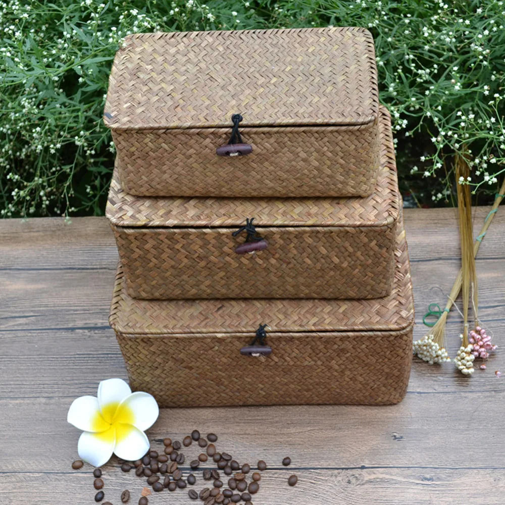 Custom Handmade Seagrass Woven Storage Basket With Lid For Living Close ...